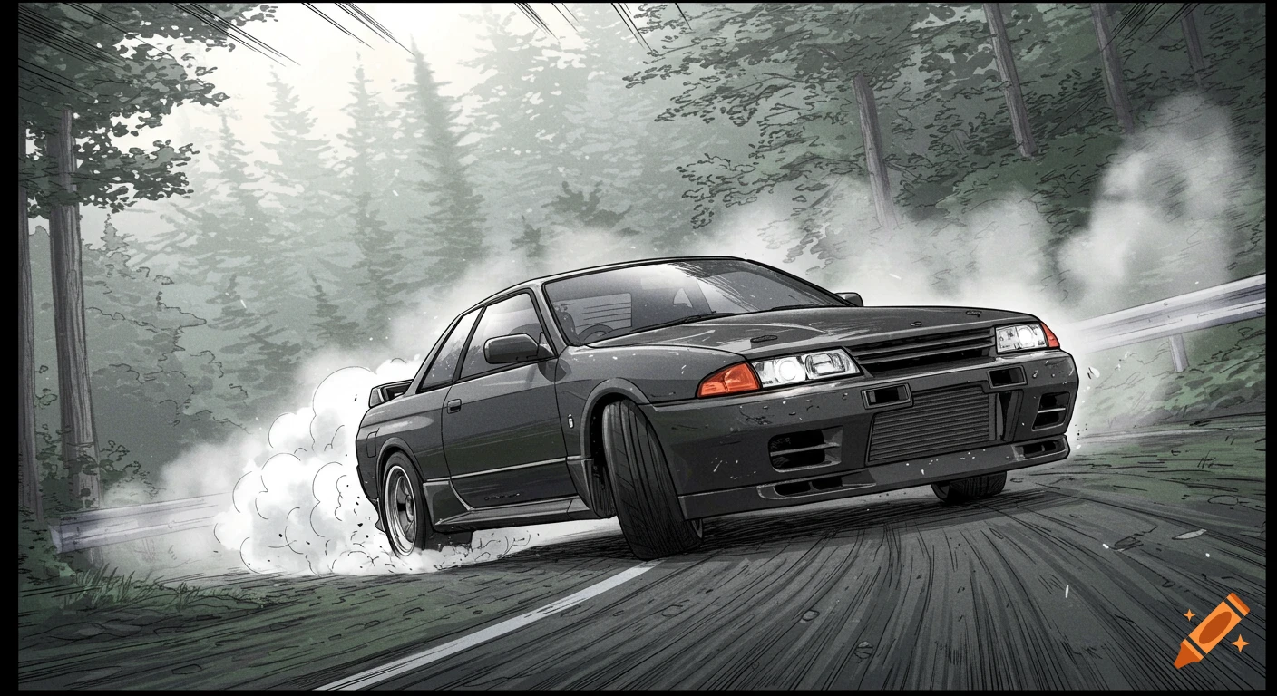 A gray Nissan R32 Skyline GTR drifts on a winding Japanese mountain ...