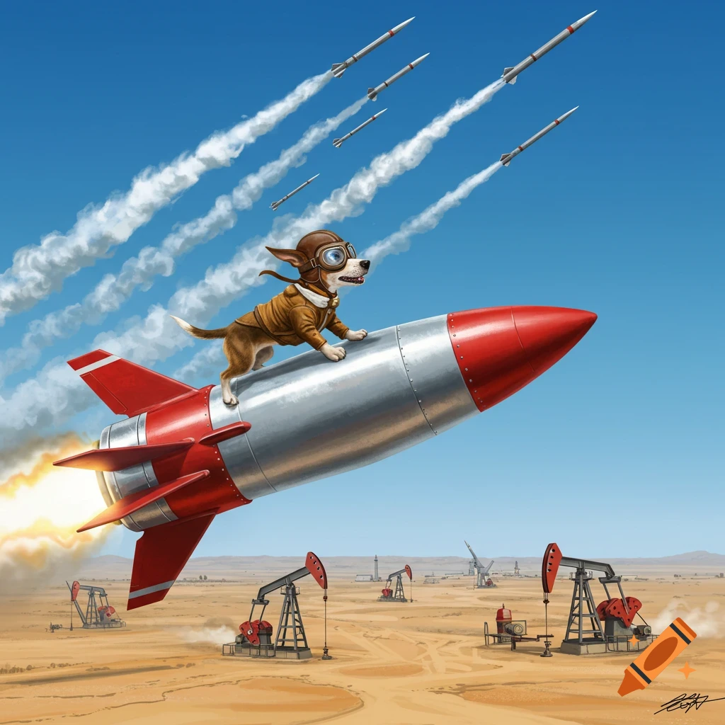 A cartoon dog in goggles and a flight jacket rides a rocket over a ...