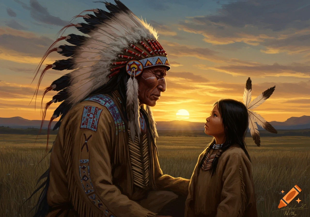 Two Indigenous people in elaborate traditional clothing stand side by ...