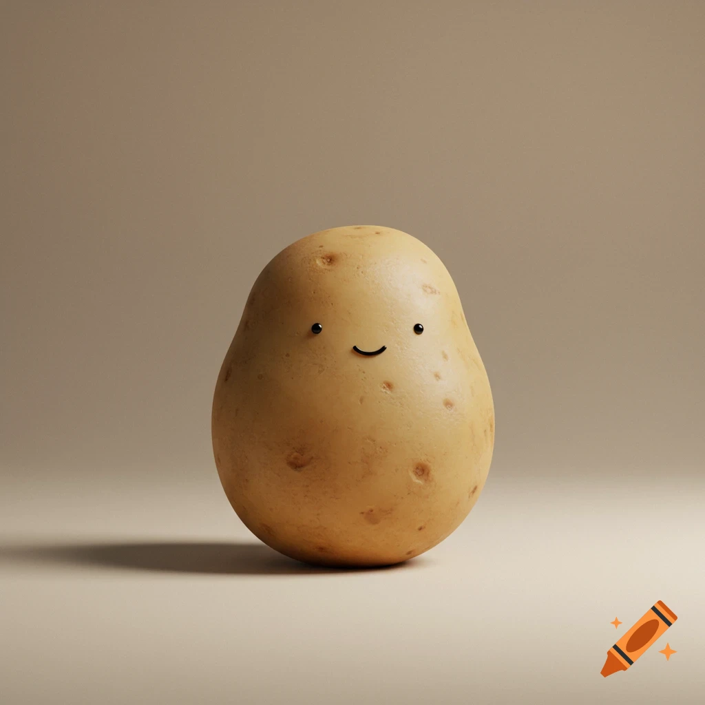 A minimalistic, photorealistic potato with a smiling face on a plain ...