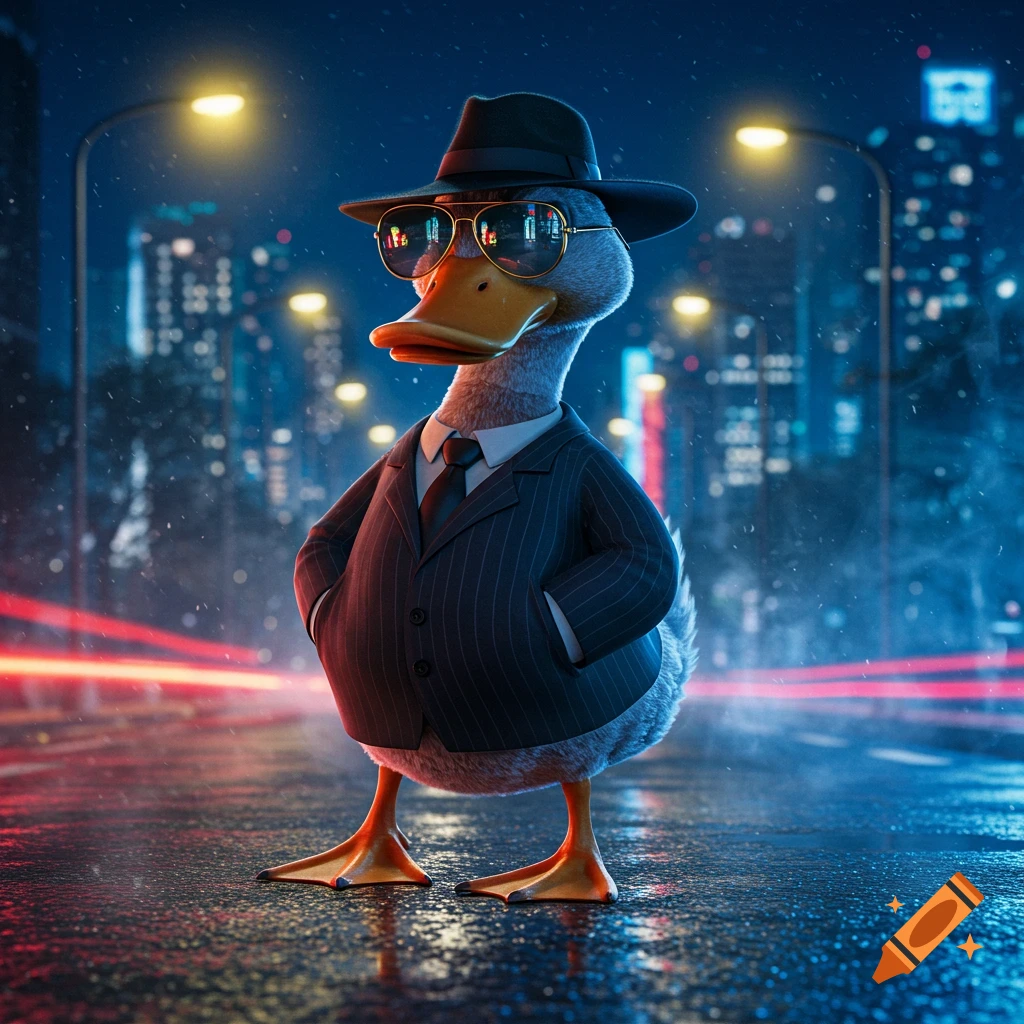 A cool gangster duck in a pinstripe suit, fedora, and sunglasses stands ...