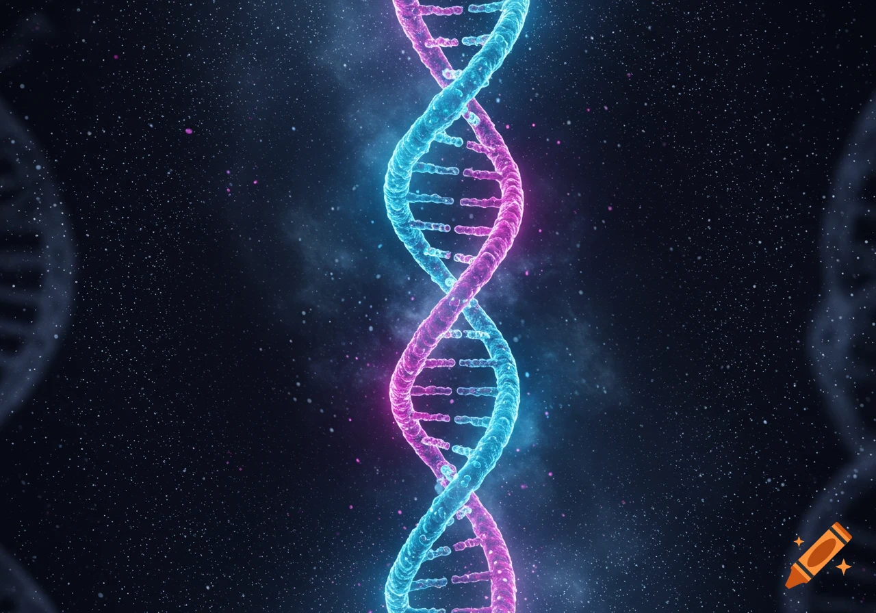 A vibrant, multicolored DNA double helix, with red opposite blue and ...