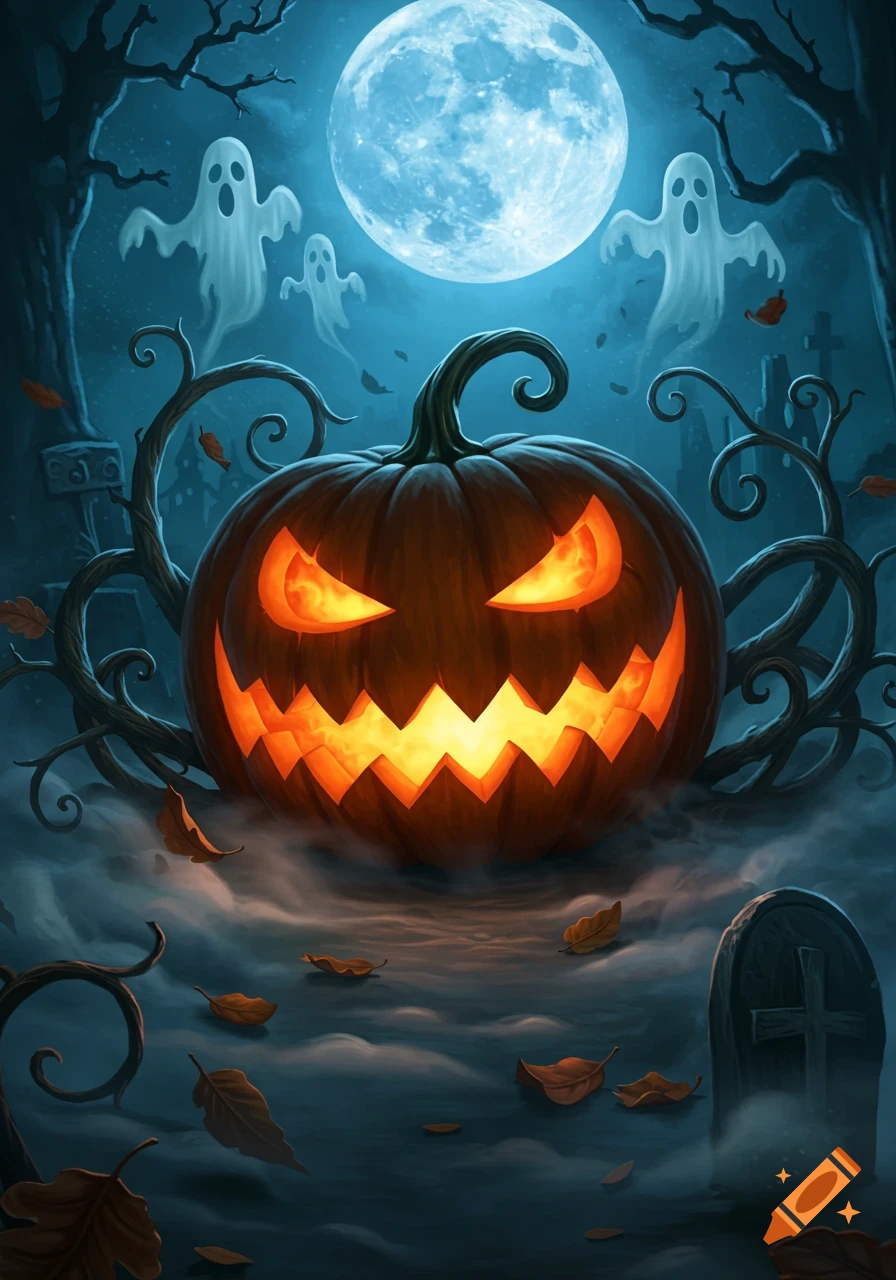 A painterly illustration features a glowing-eyed skeleton and a smiling ...