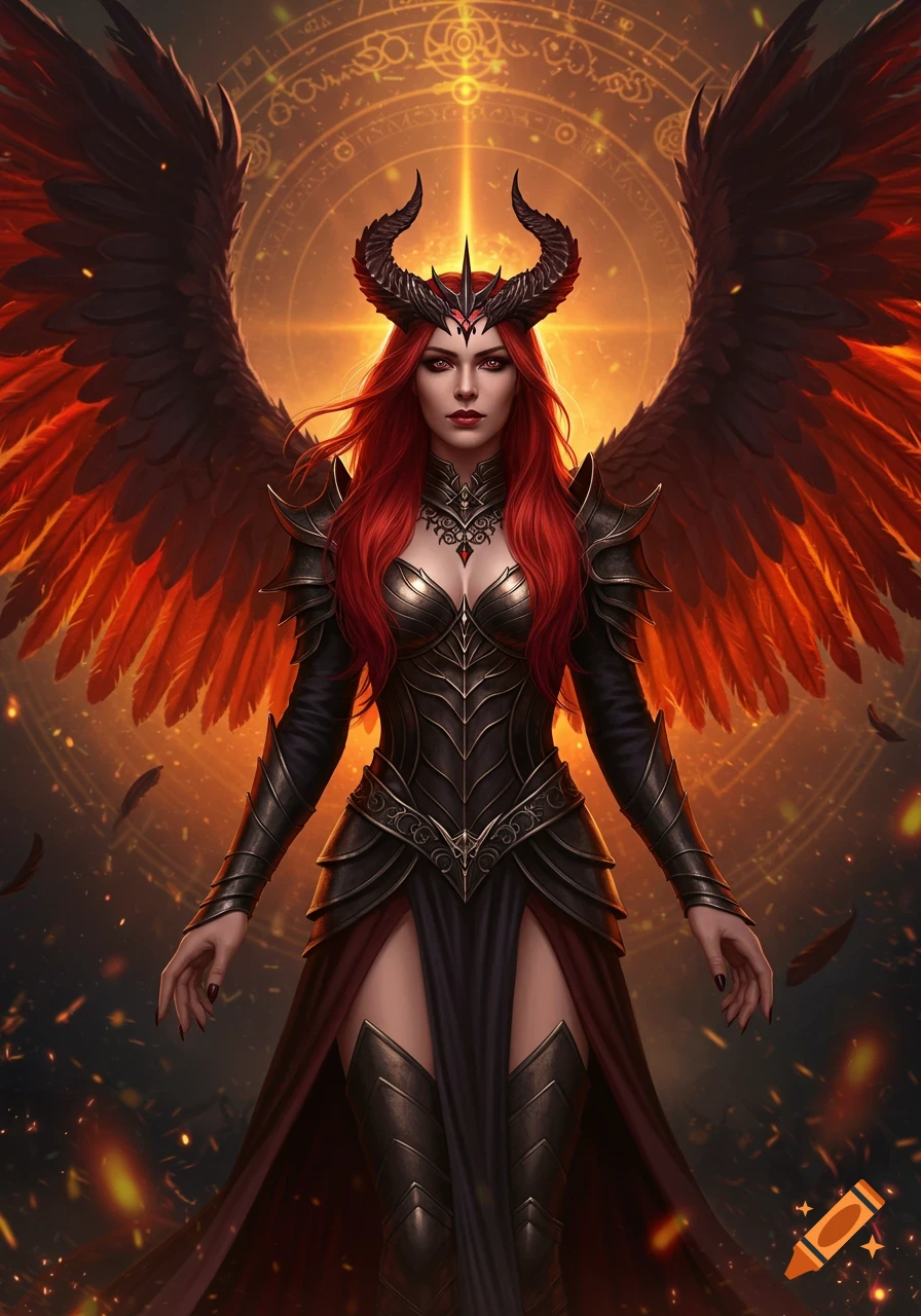 A red-haired demonic goddess with horns and fiery wings stands against ...