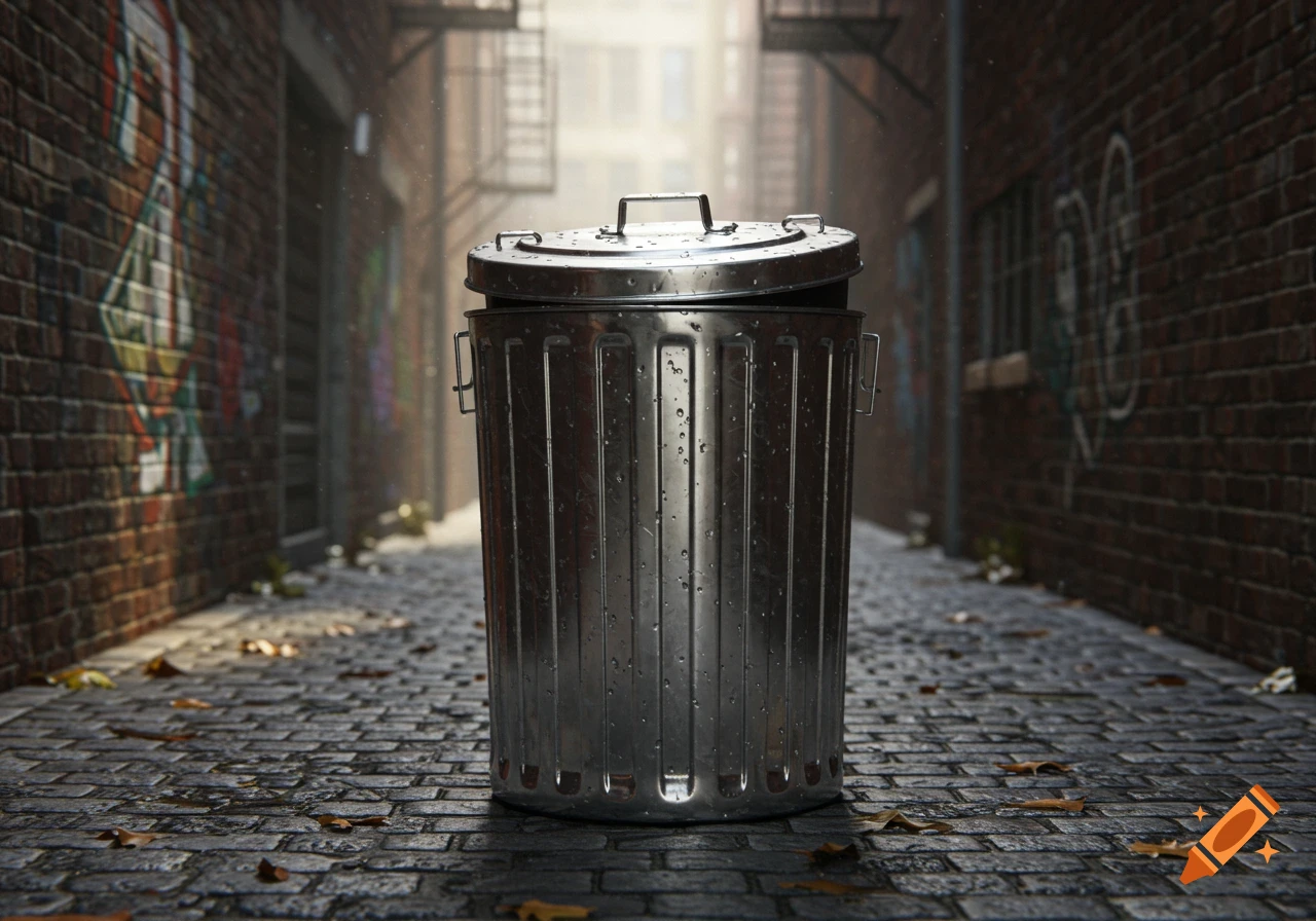 A wet, silver garbage can stands in the center of a dark, brick alley ...