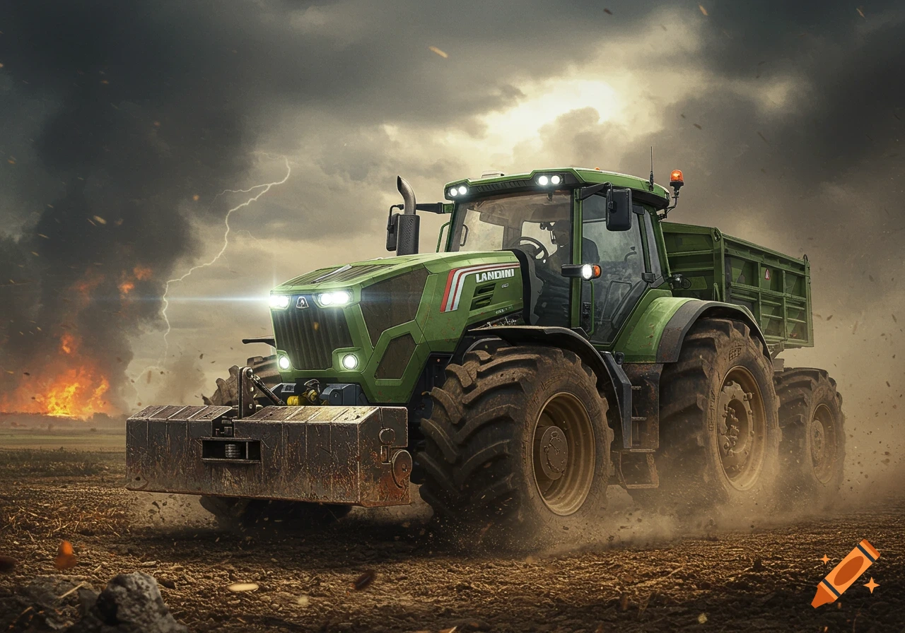A large green tractor with a trailer drives on a dirt field under a ...