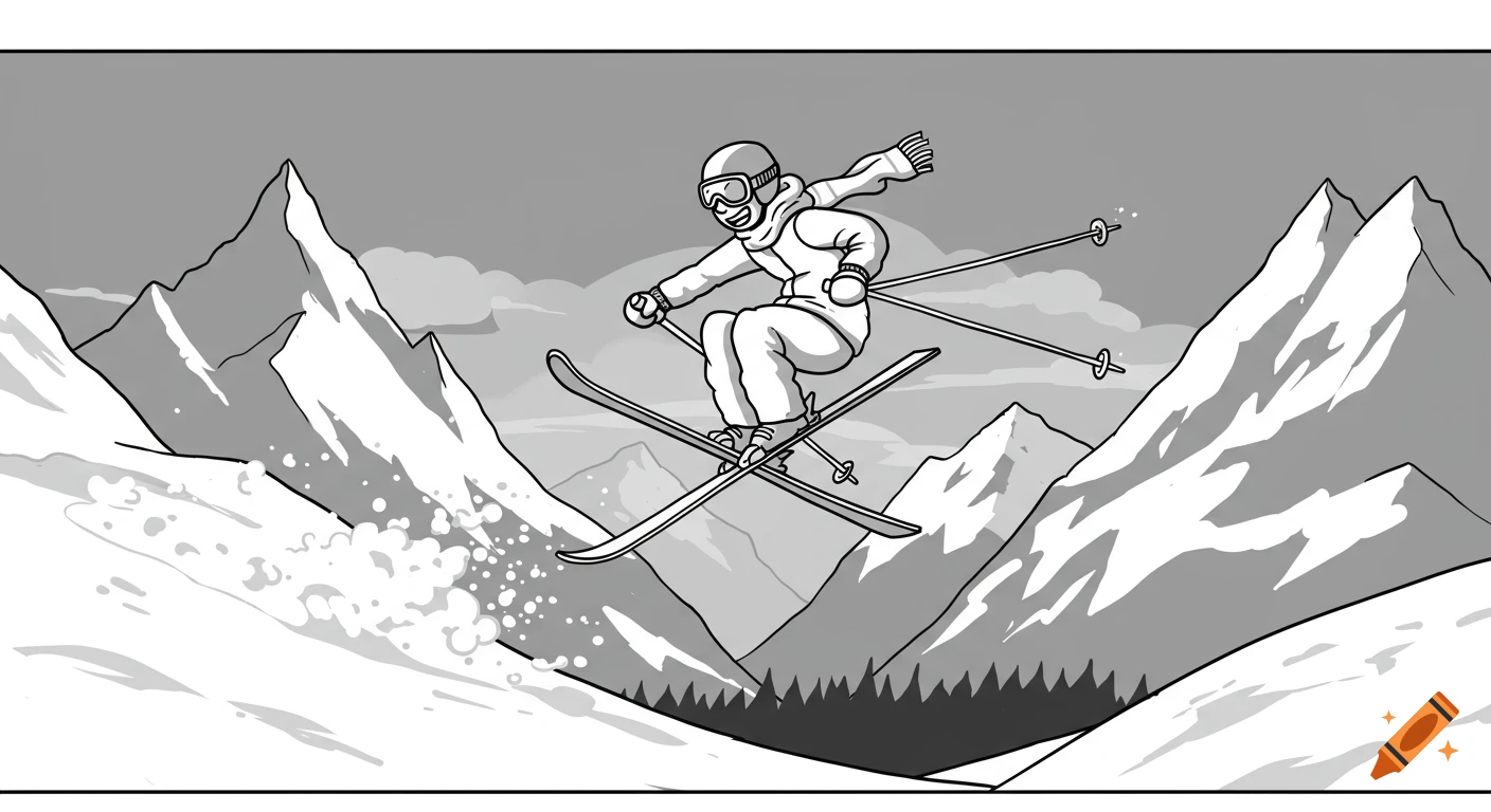 A cartoon black and white illustration of a skier jumping over a snowy ...