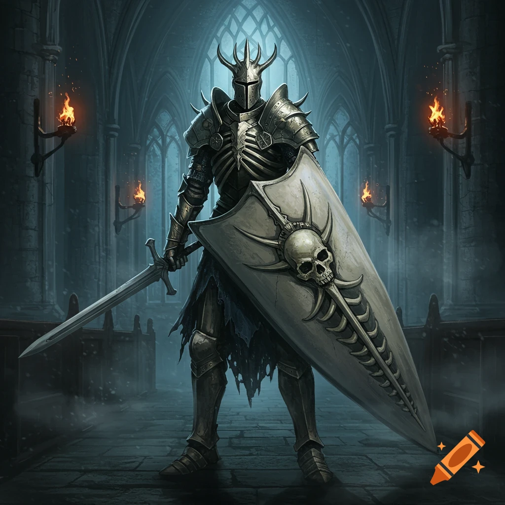 A knight in dark armor walks on a cobblestone path toward a majestic ...