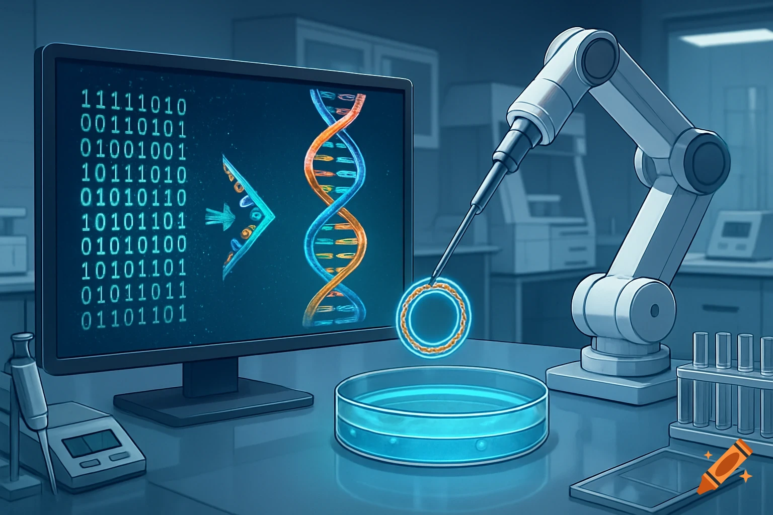 Two scientists in a lab, wearing lab coats and gloves, use pipettes. A ...