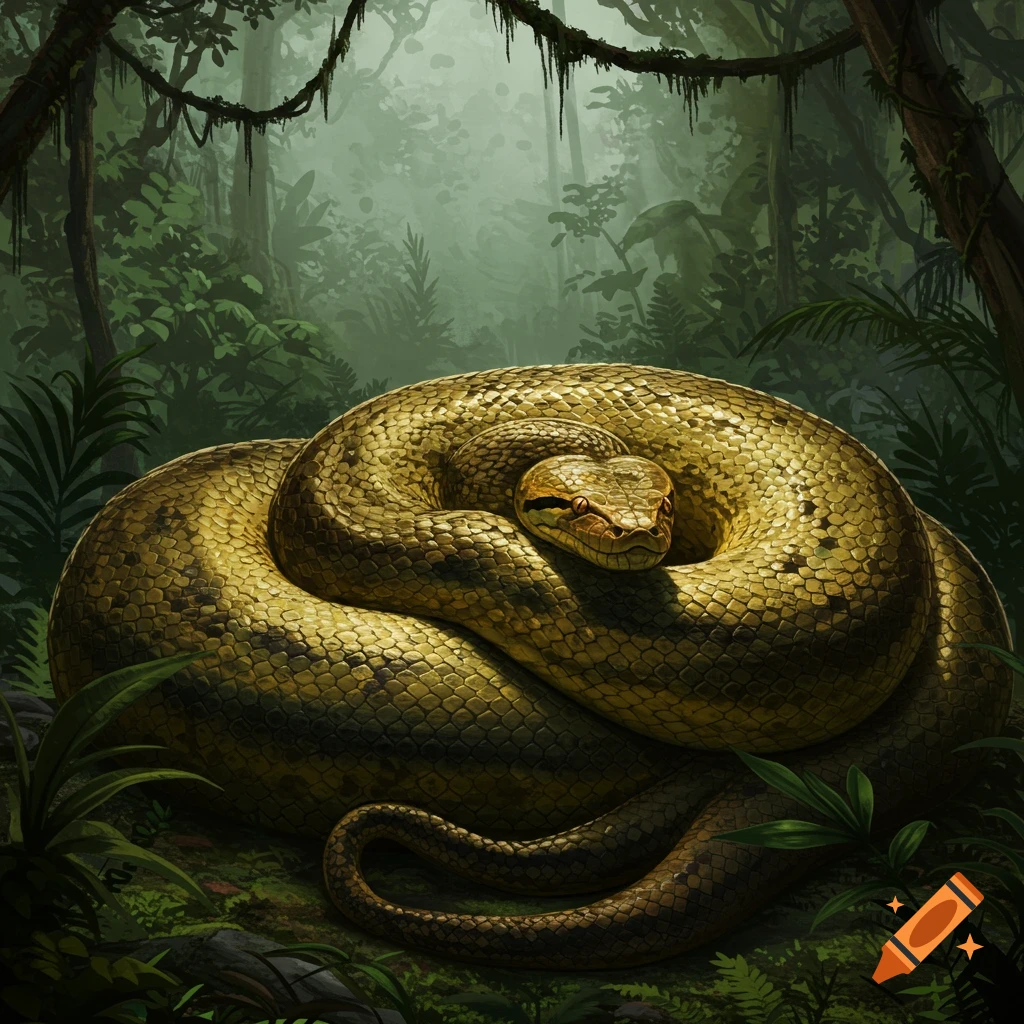 A large green and brown anaconda coiled on the jungle floor, looking ...