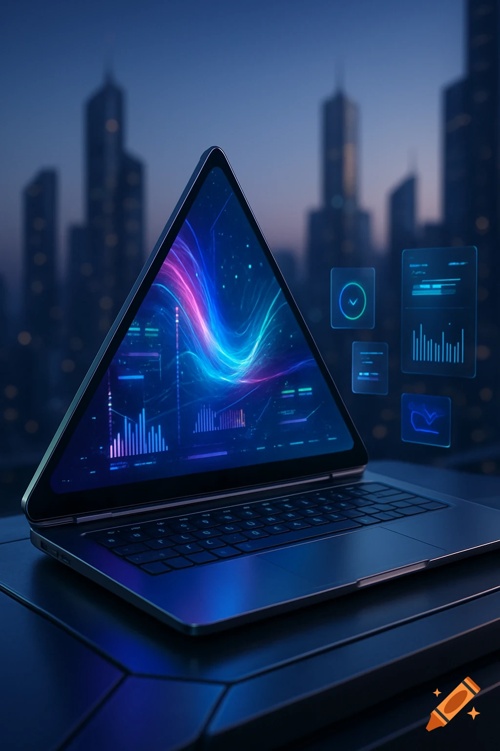 Abstract 3D rendering with floating geometric shapes in shades of blue ...