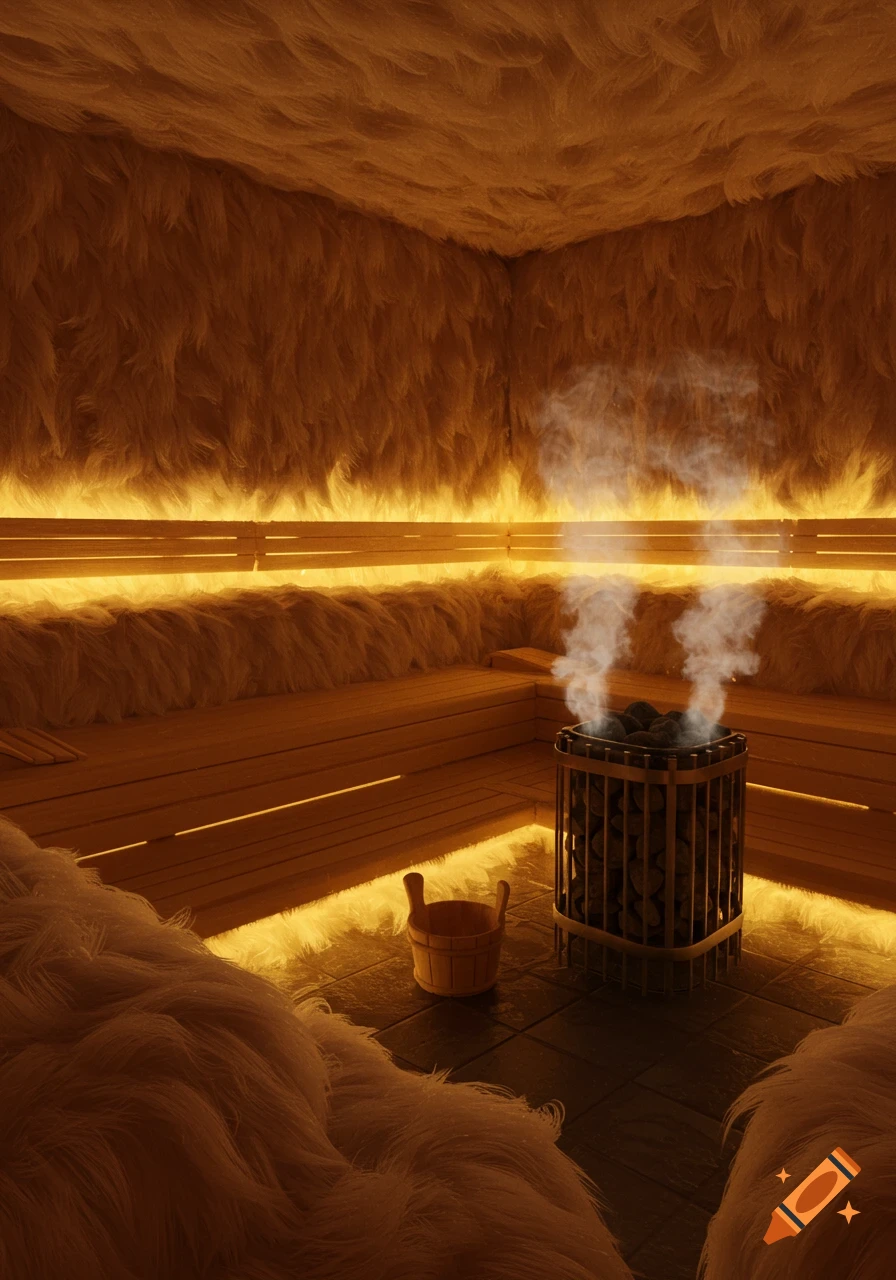 A sauna interior with wooden benches, a steam heater, and furry walls ...