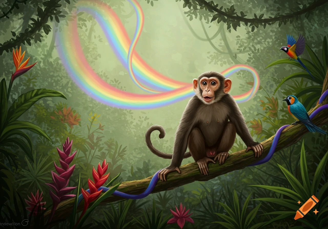 A cartoon monkey sits on a jungle branch, farting a rainbow, with ...