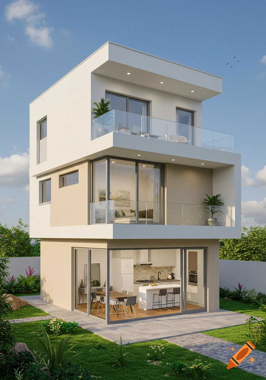 Modern stone residential building shown from multiple perspectives ...