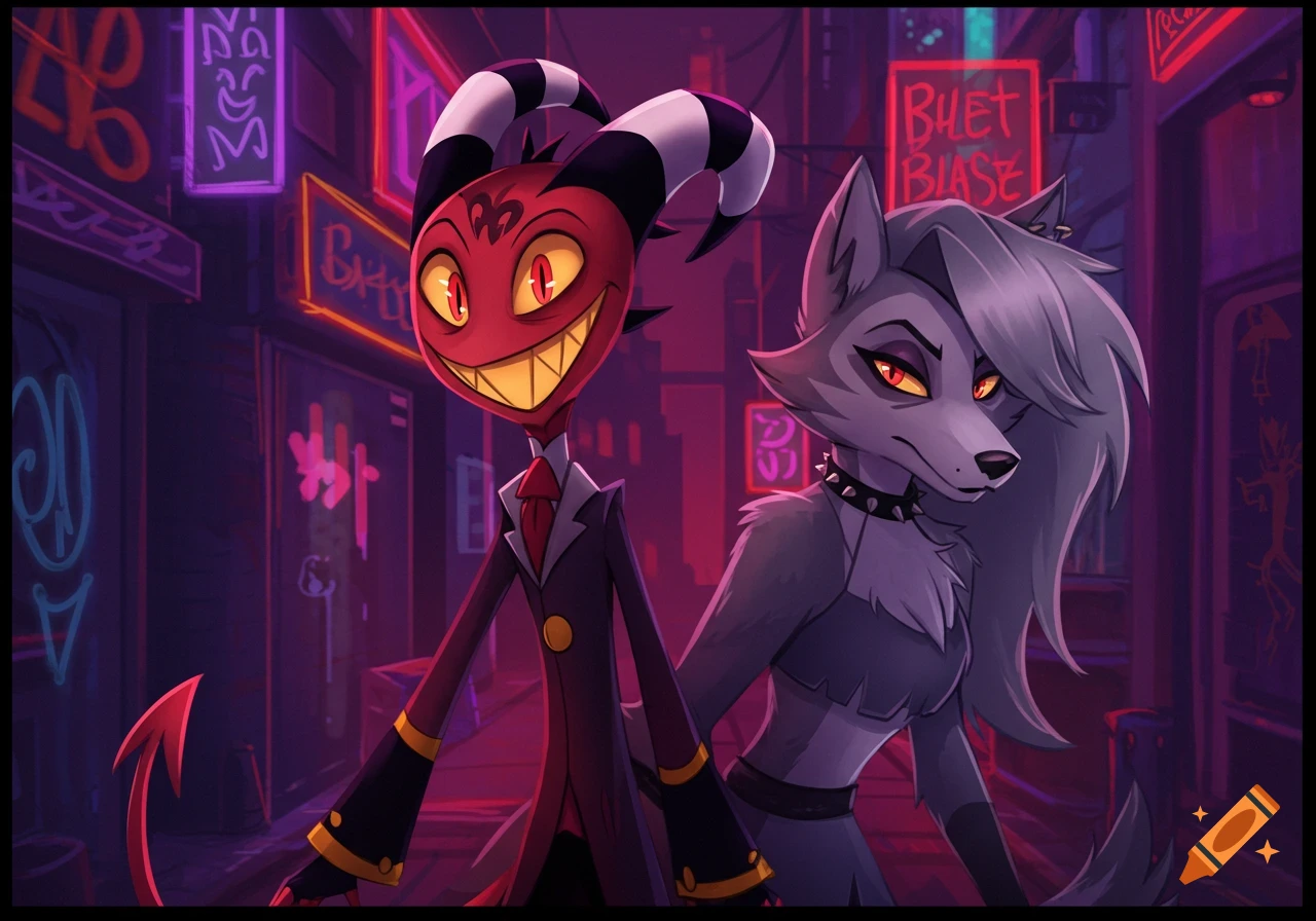 Blitzo, a red demon with striped horns, and Loona, a gray hellhound ...