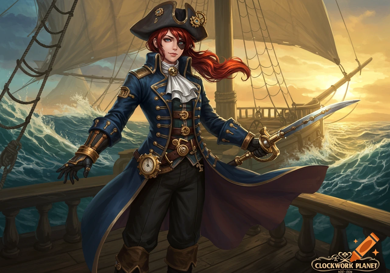 Red-haired female pirate with an eye patch, wearing a blue steampunk ...