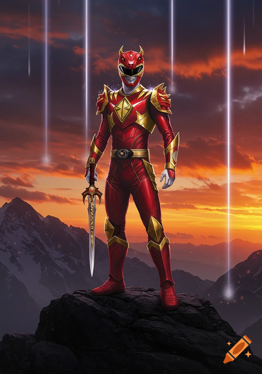 A red and gold armored Power Ranger stands on a rock cliff with a sword ...