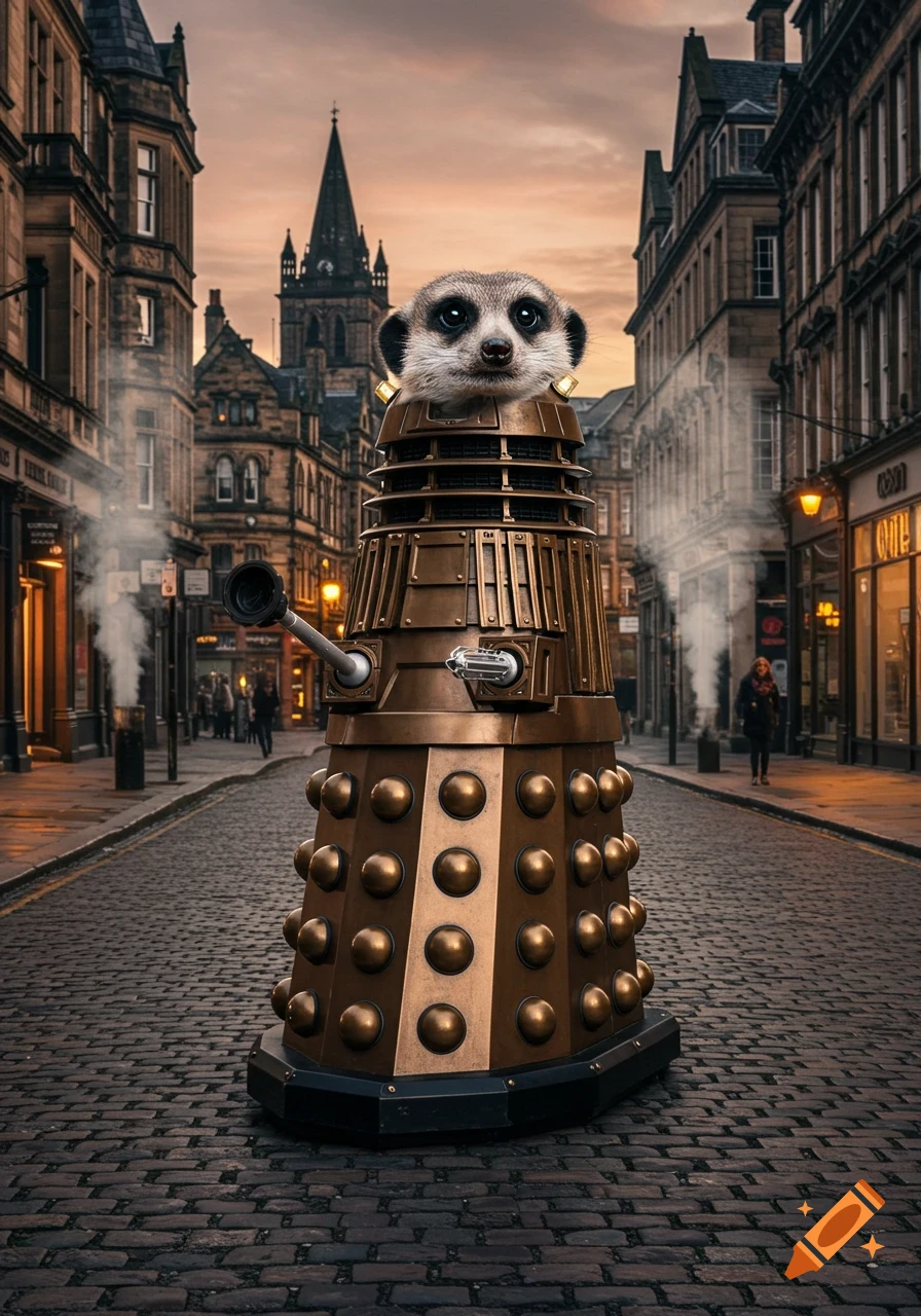 A grey metal Dalek from Doctor Who stands on a reflective floor against ...