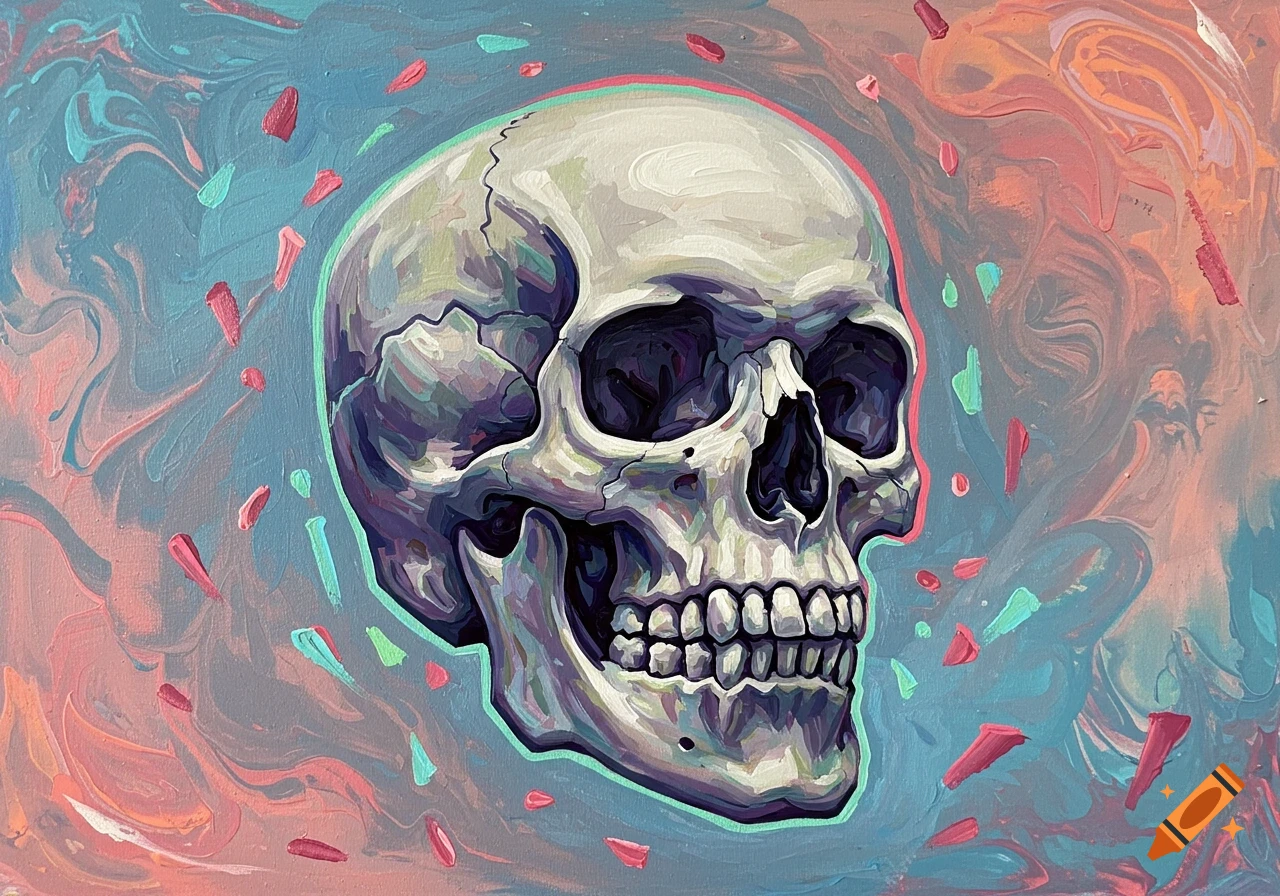 A stylized skull painting with a vibrant teal and pink outline, set ...