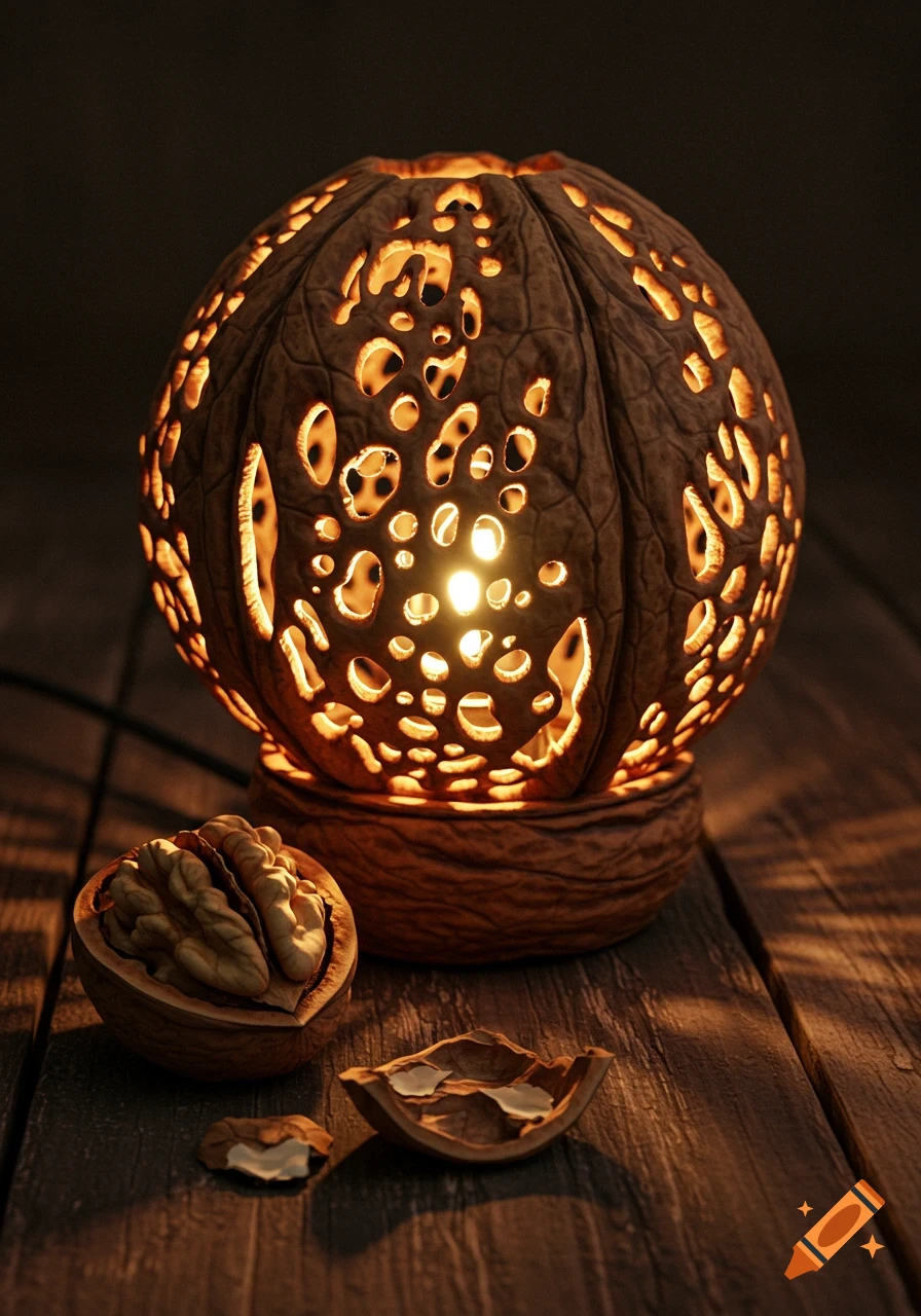 A warm glow emanates from a walnut shell lamp with intricate cutouts ...
