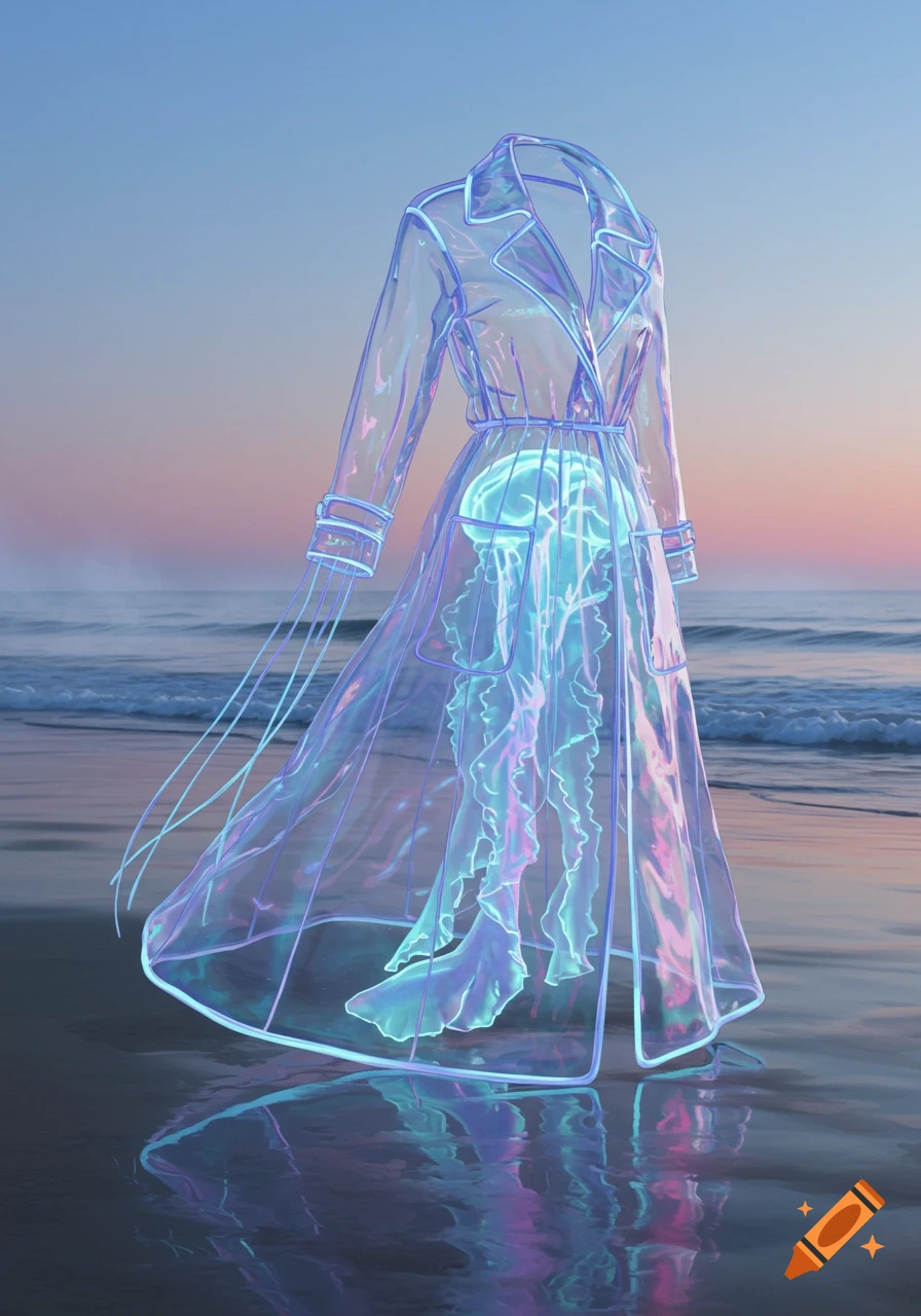 A translucent, glowing iridescent coat containing a large jellyfish ...