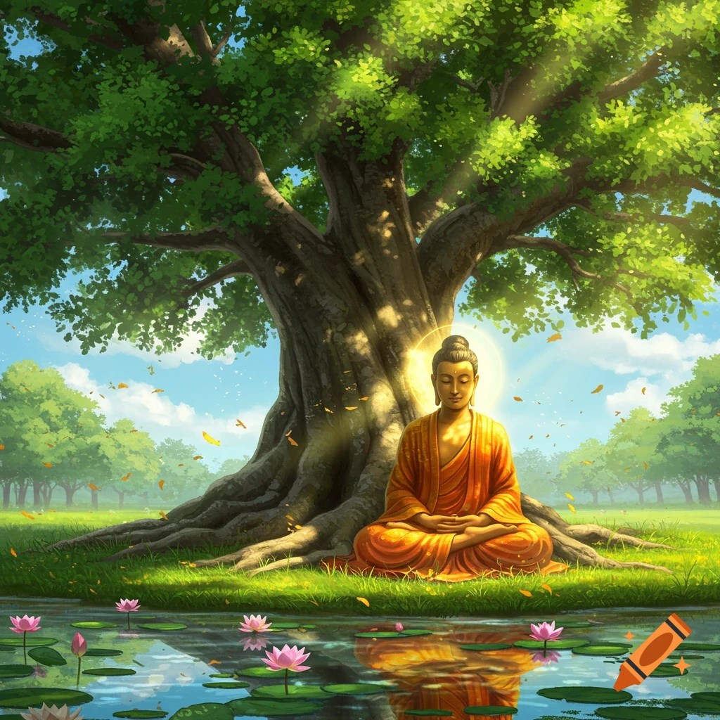 A Buddha figure meditates under a large, leafy tree beside a pond with ...