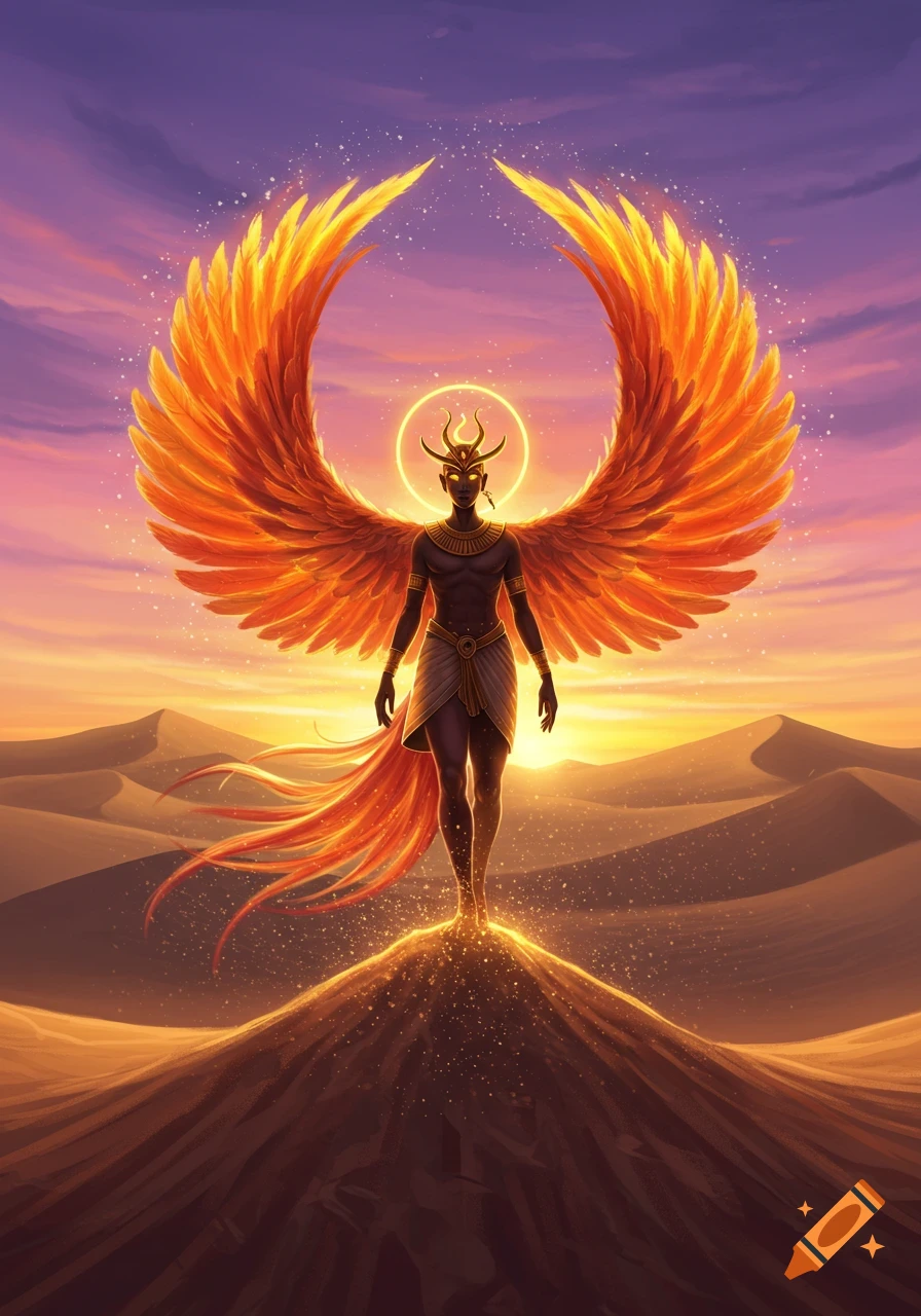 A majestic winged humanoid figure with a horned headdress and Egyptian ...