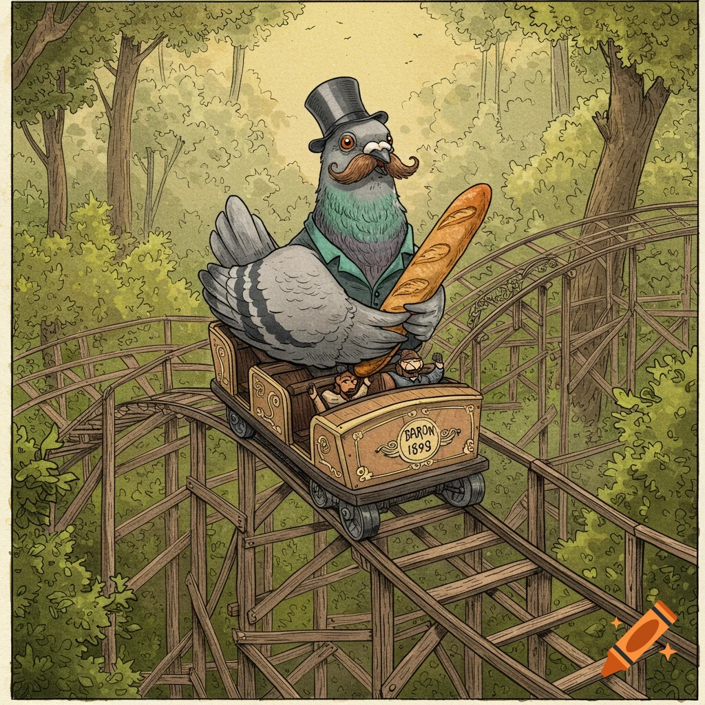 A dapper pigeon in a top hat and mustache holds a baguette while riding ...