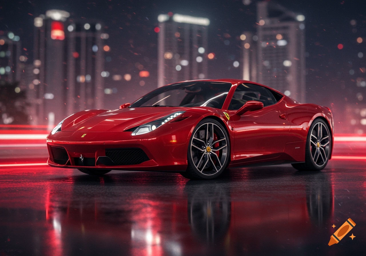 A black sports car with red racing stripes drives on a wet coastal road ...