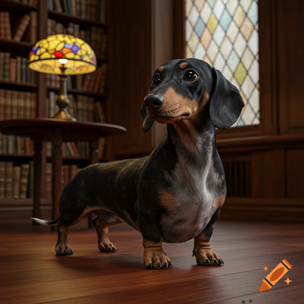A black Doberman dog stands beneath a large bronze church bell within ...