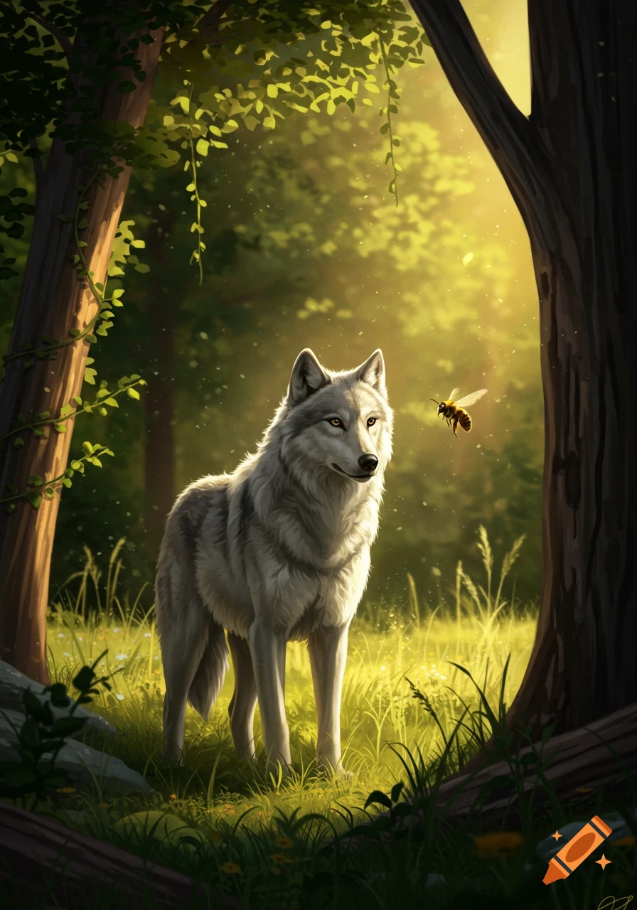 A majestic grey wolf stands in a brightly sunlit forest, looking at a ...