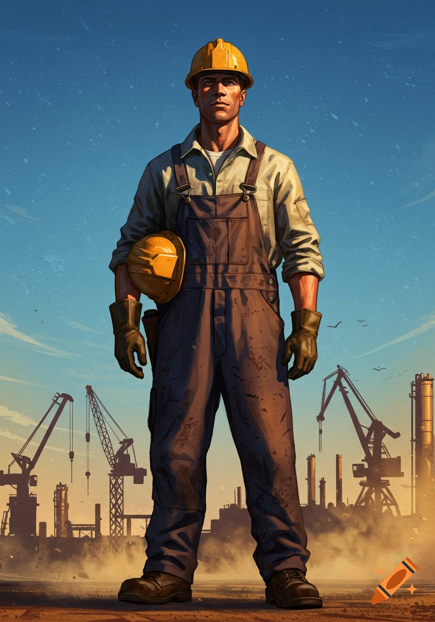 An illustrated male construction worker in overalls and a hard hat ...