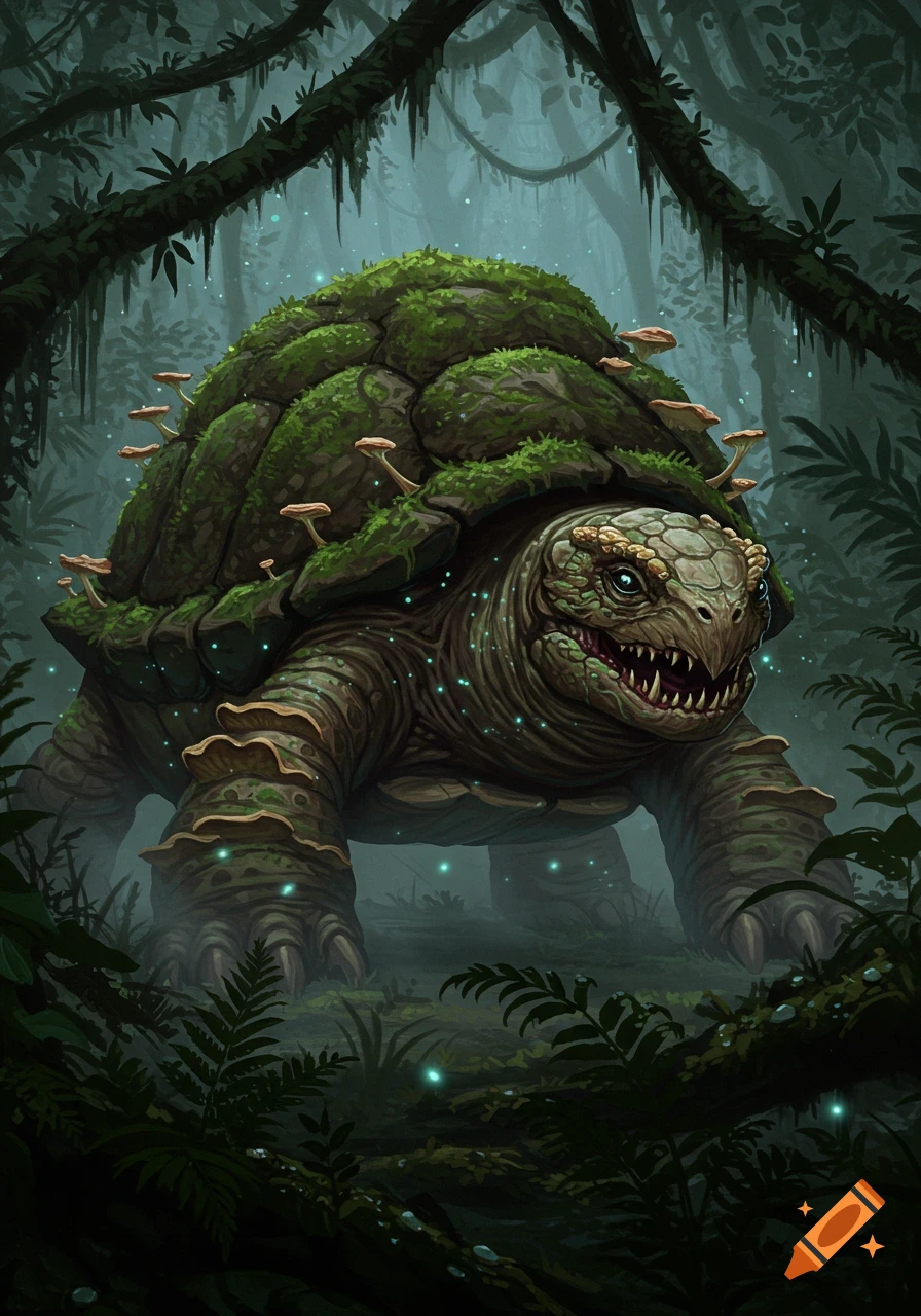 A dark, fantastical salamander-like creature with many golden eyes and ...