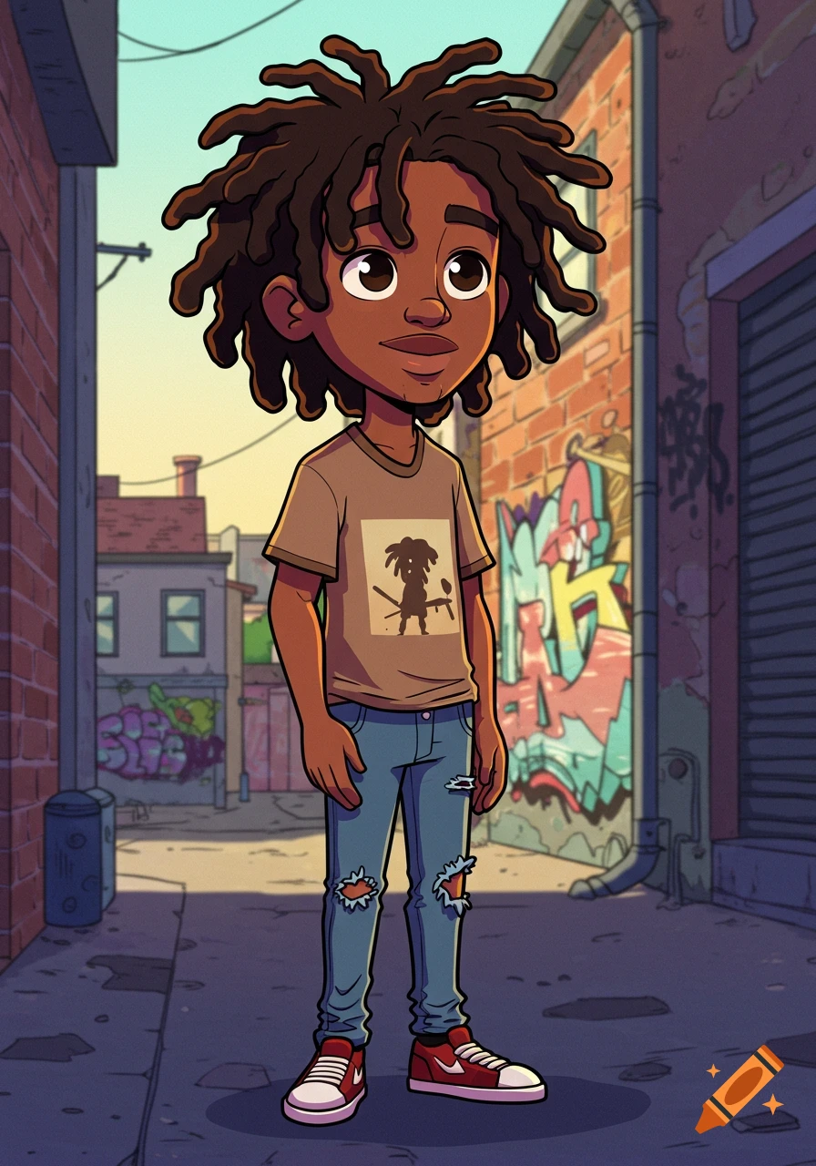 A cartoon guy with yellow and black dreadlocks and a cross necklace ...