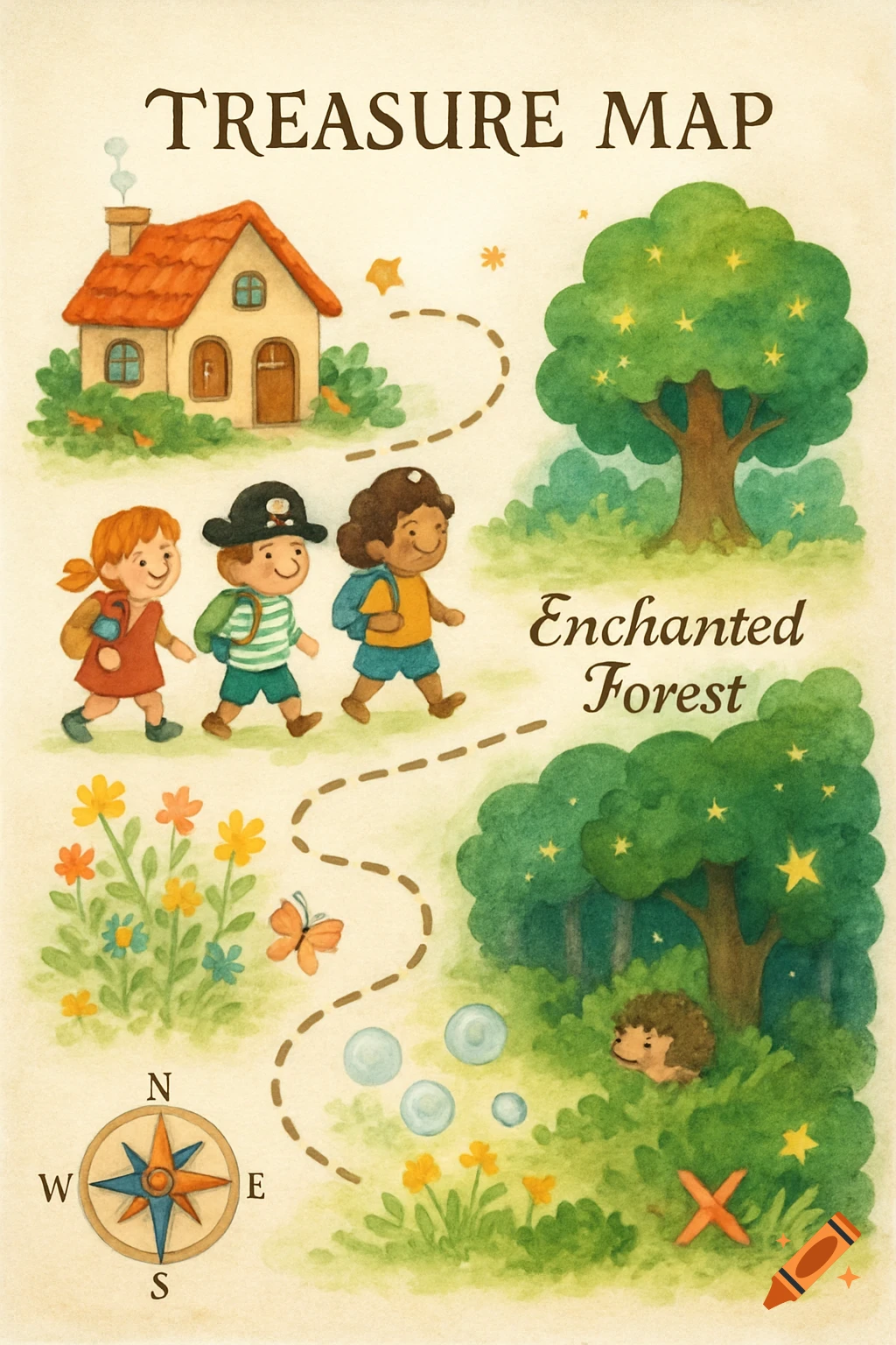 A whimsical watercolor treasure map showing a path from a house with ...