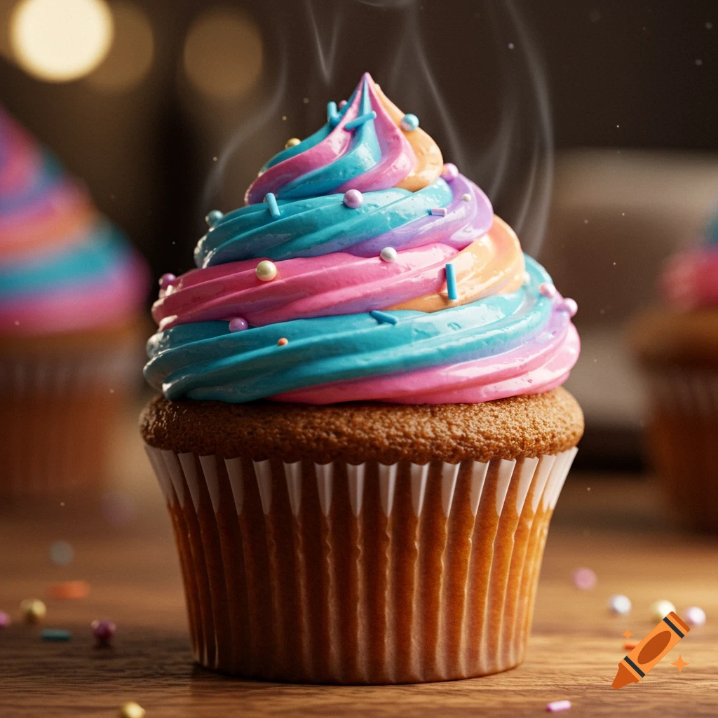 Close-up of a steaming cupcake with vibrant pink, blue, and orange ...
