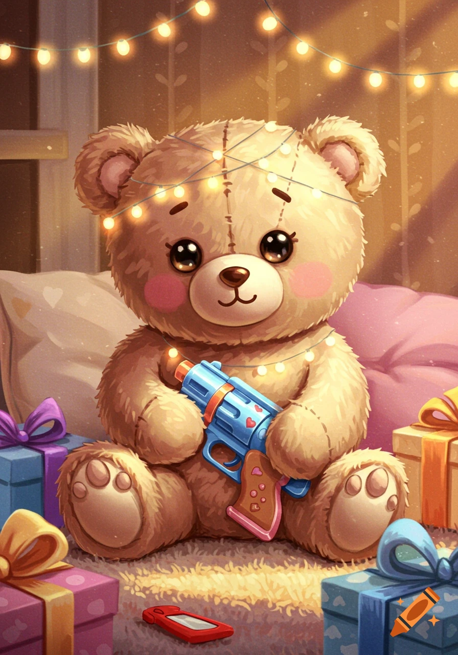 A surprised cartoon bear holds a blue blanket in a cozy, messy attic ...