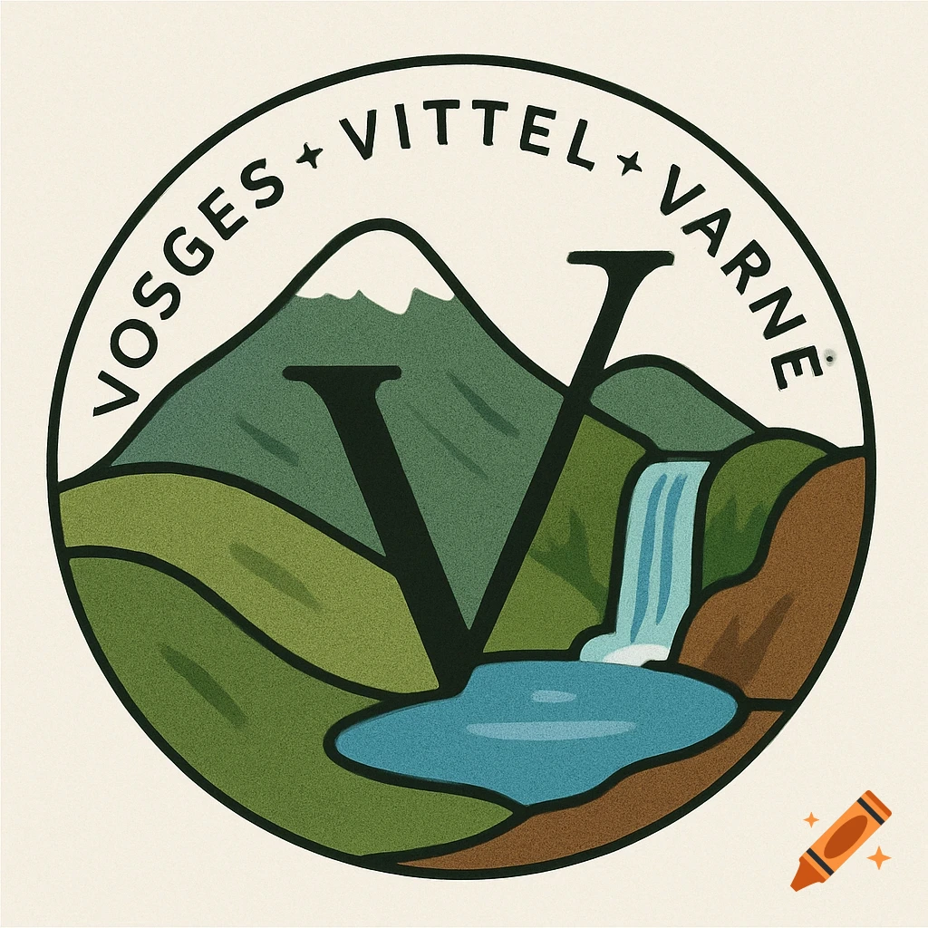 A circular logo with green mountains, a large 'V', a waterfall, and a ...