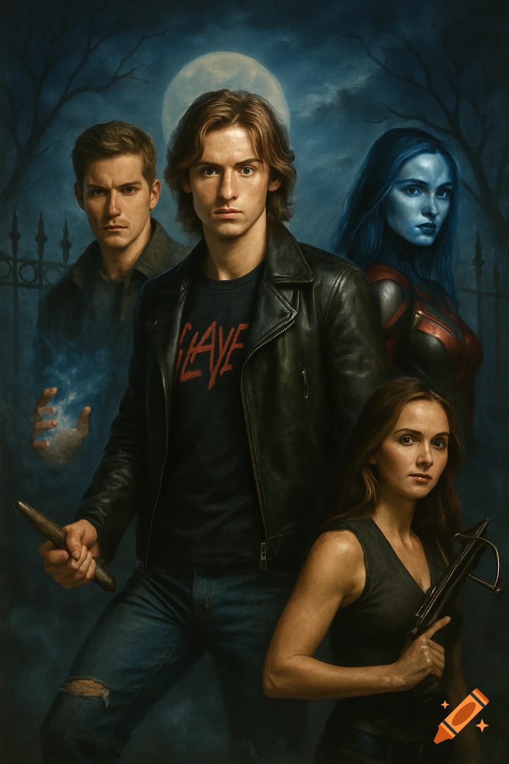 A group of four serious-looking supernatural hunters stand beneath a ...