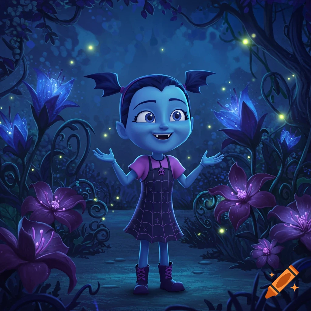Vampirina, a blue-skinned cartoon character with pigtails and fangs ...