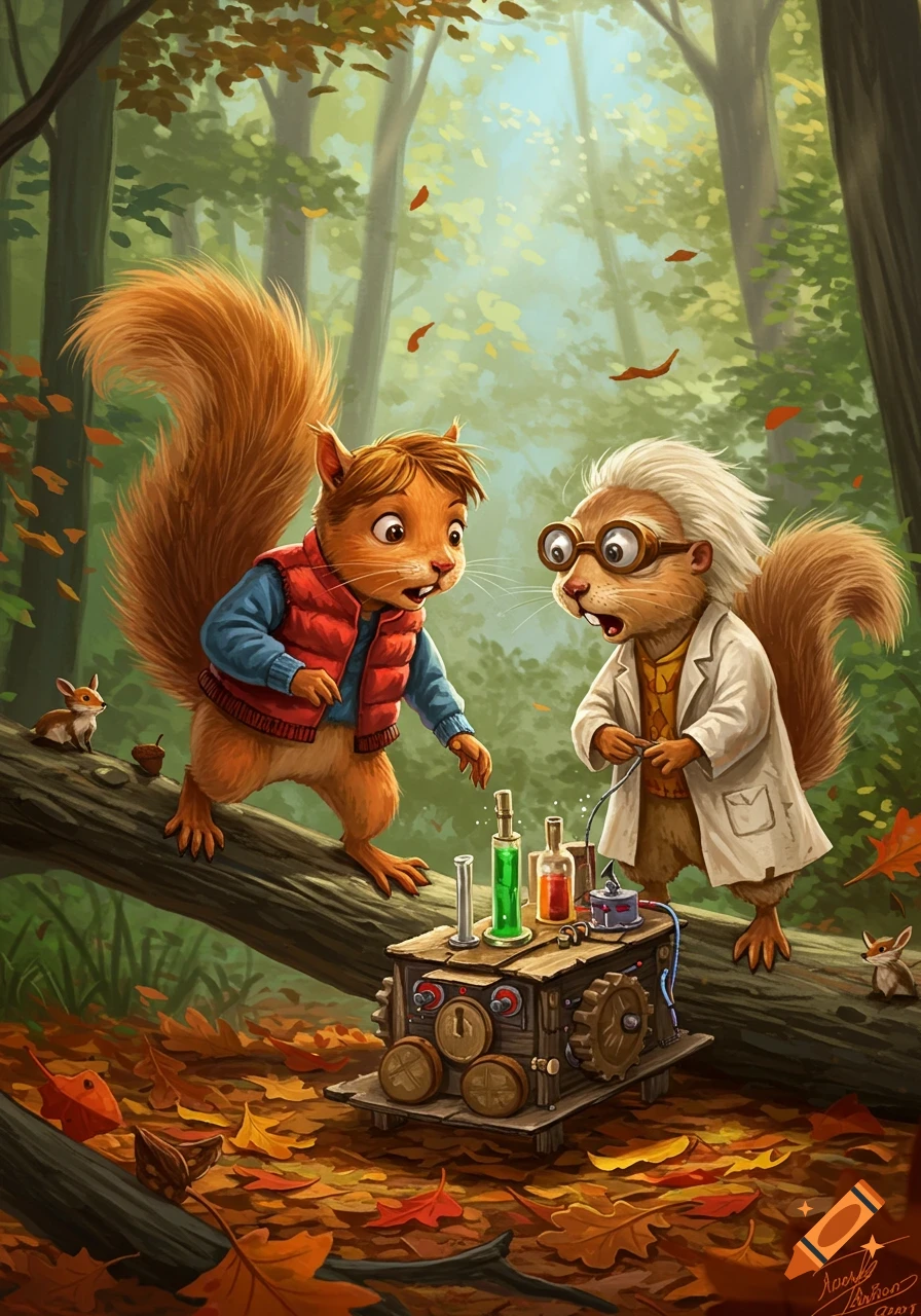 A happy cartoon squirrel on a stump holds a banner 'Leon, 1 Year ...