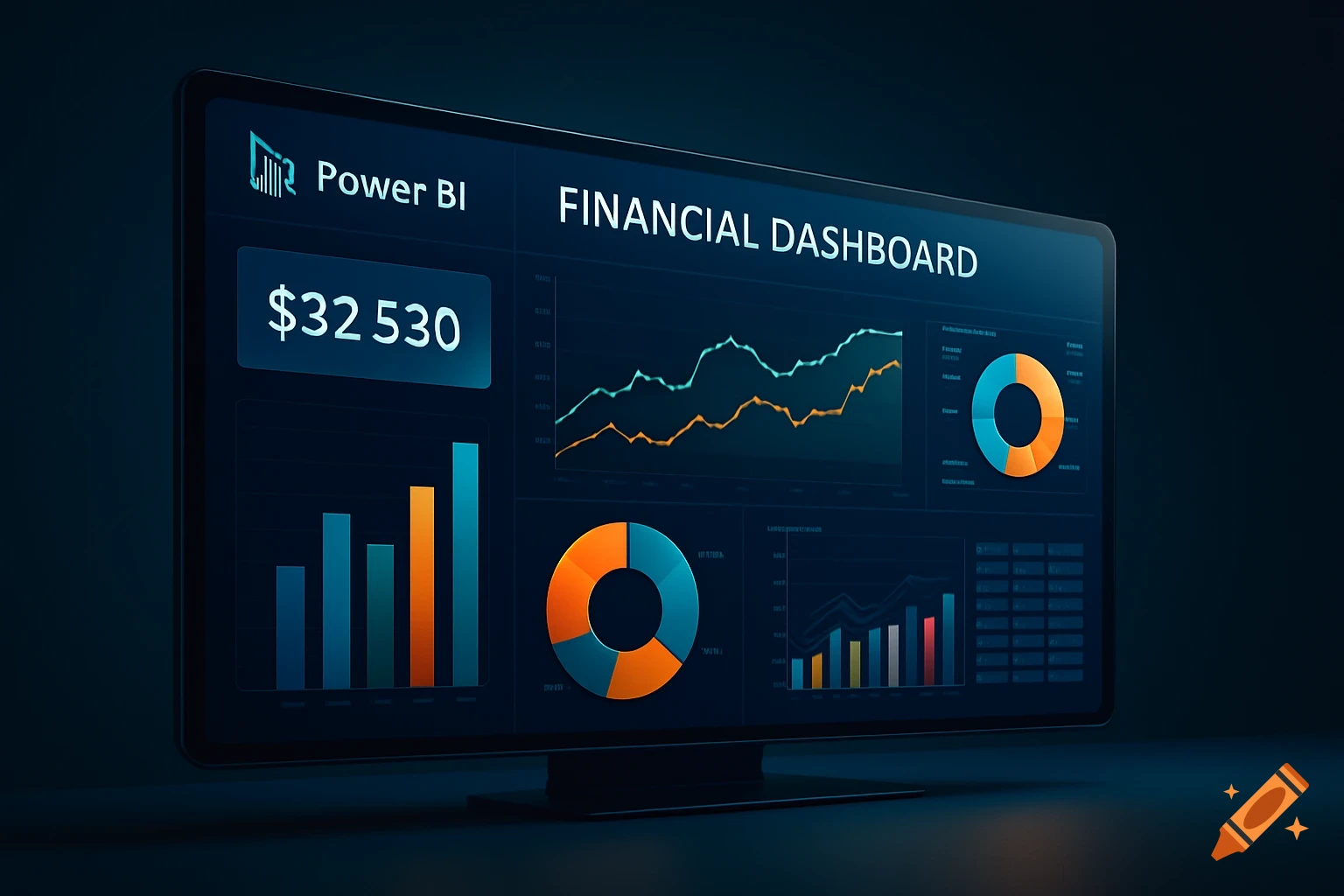 A computer monitor displays a futuristic blue dashboard with data widgets, including a 65% ...