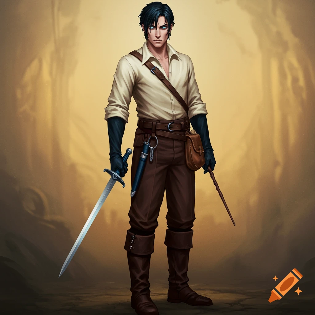 A dark-haired male fantasy adventurer in a cream shirt, brown pants ...