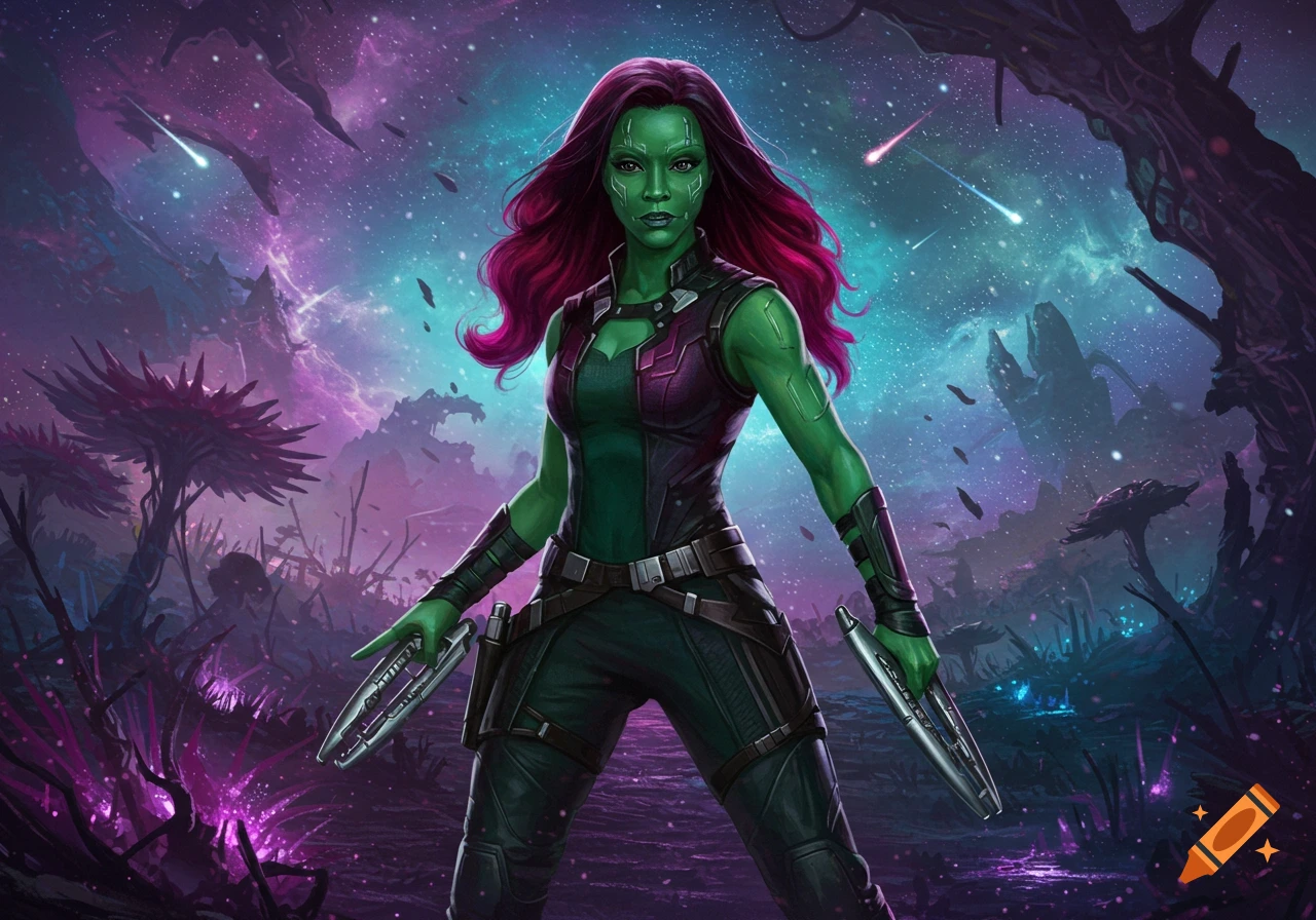 Gamora, a green-skinned woman with magenta hair, stands on an alien ...