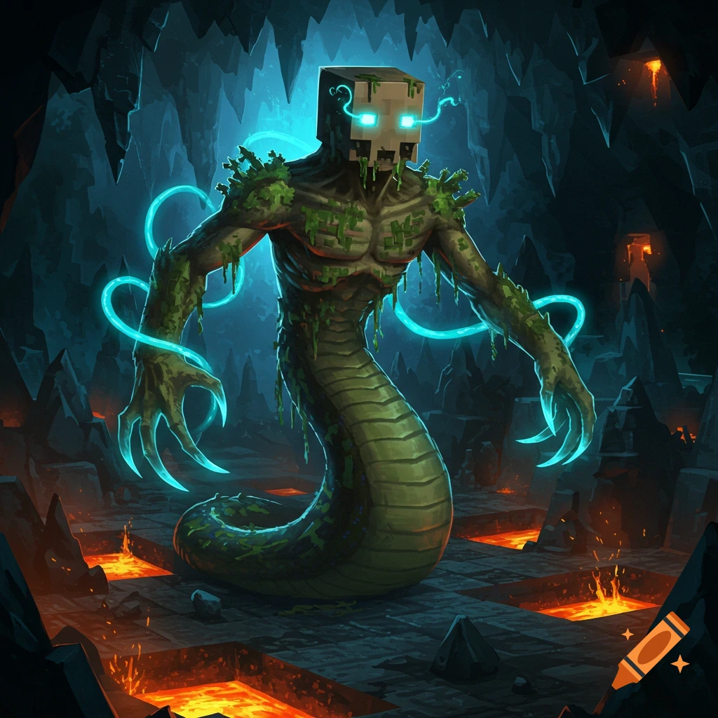 A Minecraft Herobrine-Warden fusion monster with a blocky head, glowing ...