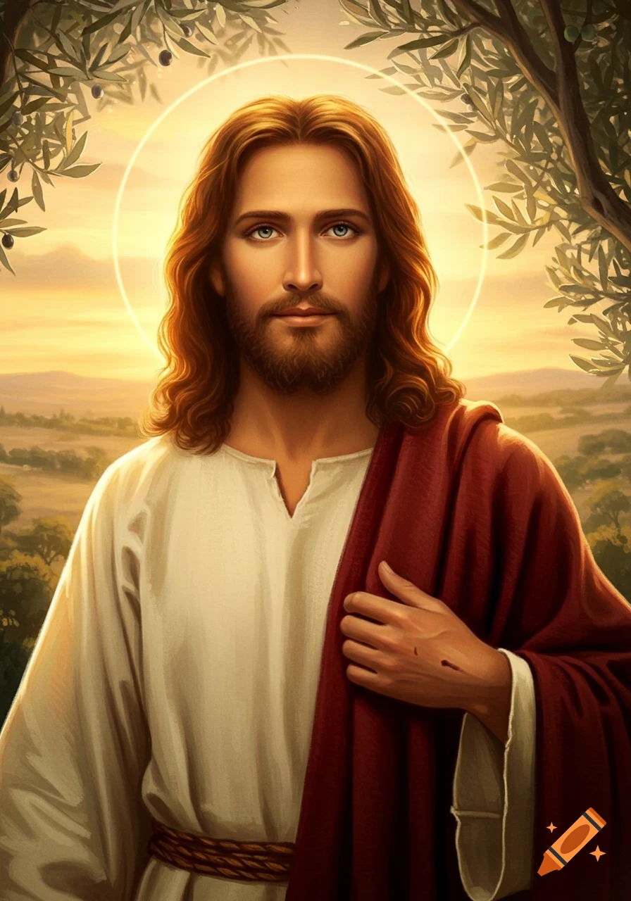 Impressionistic portrait of Jesus Christ with brown hair, beard, light ...