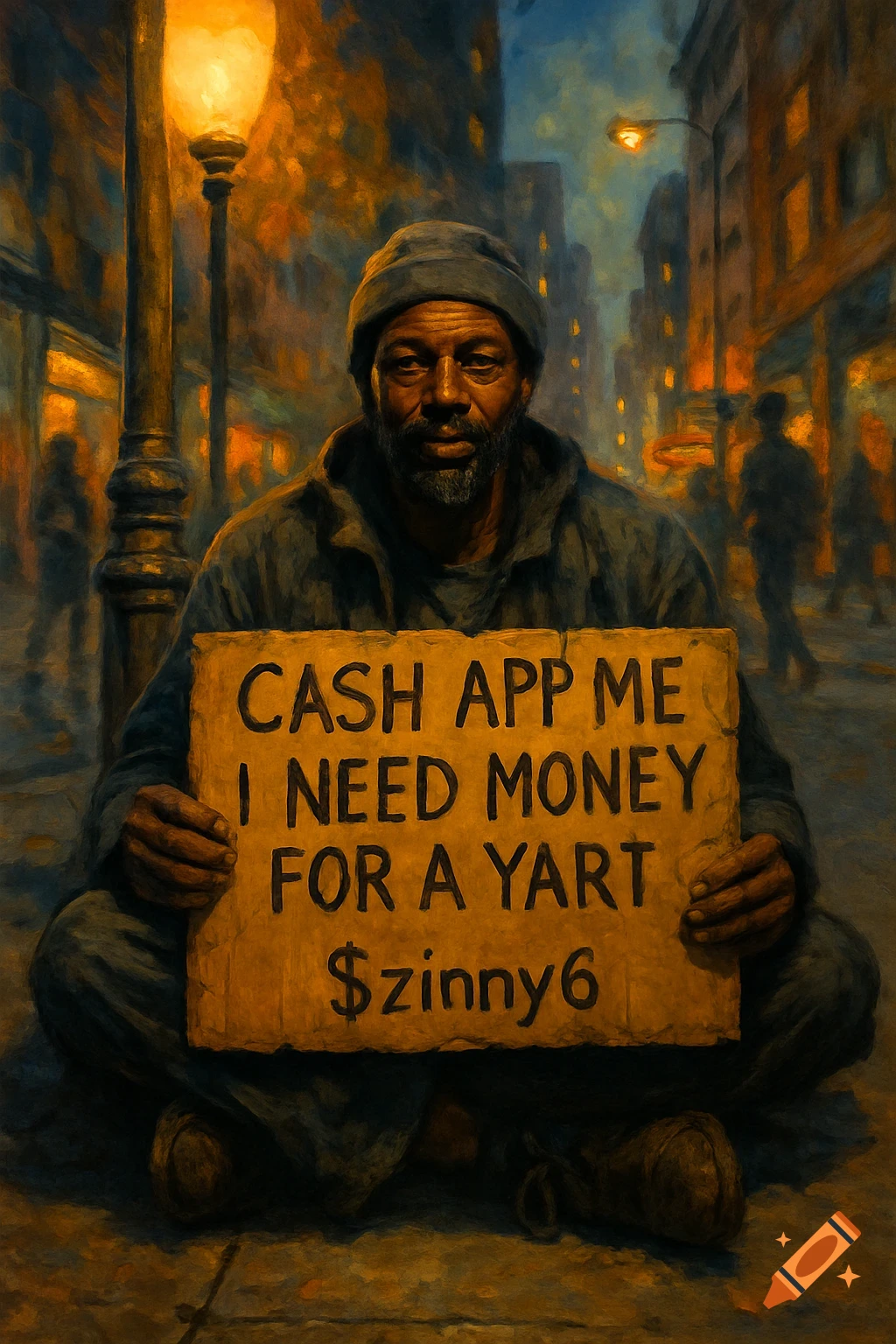 Painterly image of a homeless Black man sitting on a street at night ...