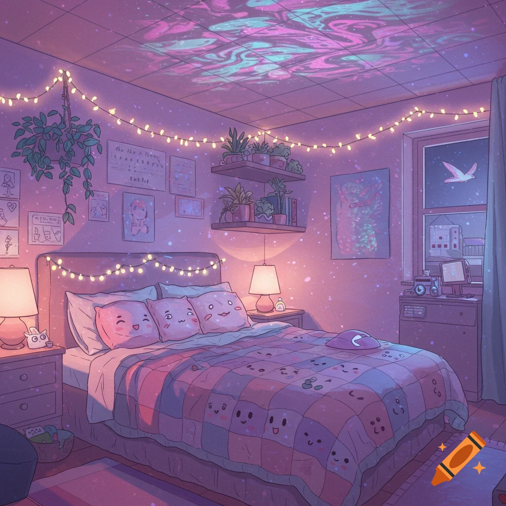 Cozy cyberpunk room with purple lights and plants on Craiyon