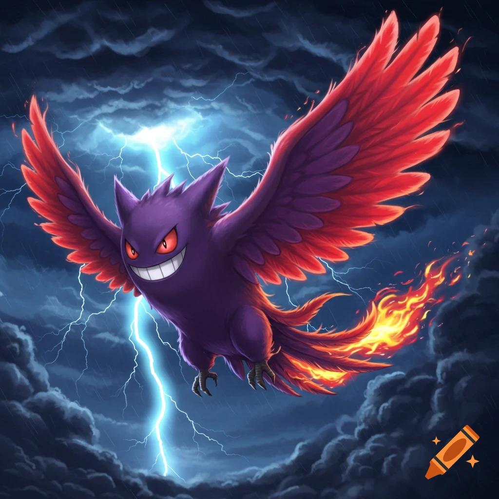 A purple Gengar with red wings and a fiery tail, fused with Talonflame ...