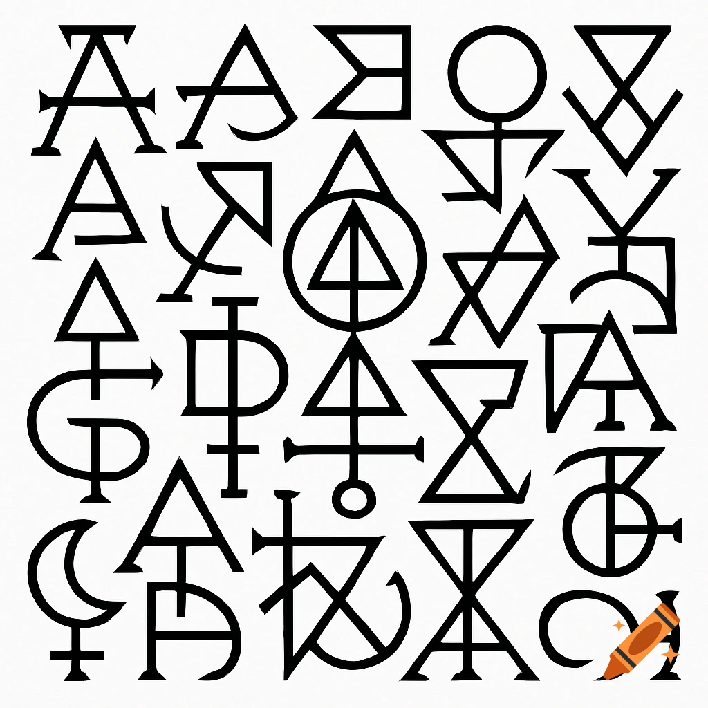 Simplistic black outline occult symbols, including crescent moons, an ...